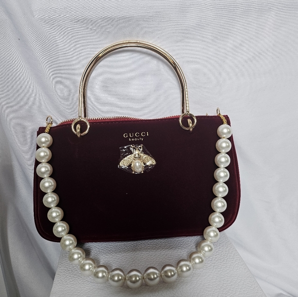 Gucci | Bags | Gucci Beauty Upcycled Deep Red Bag With Pearl Detail ...
